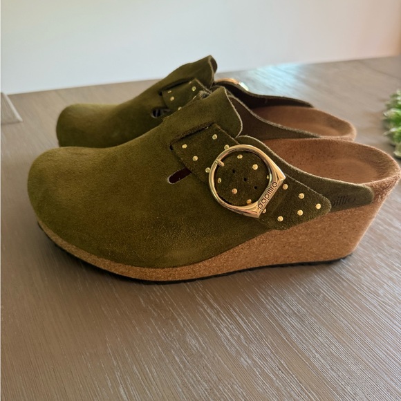 Papillio | Shoes | Papillio Olive Green Suede Clogs With Gold Buckle ...
